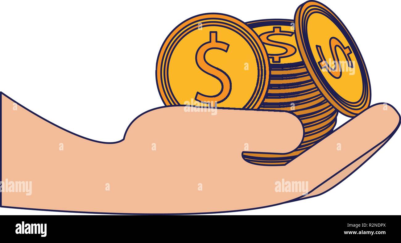Hands with coins cartoon blue lines vector illustration graphic design ...