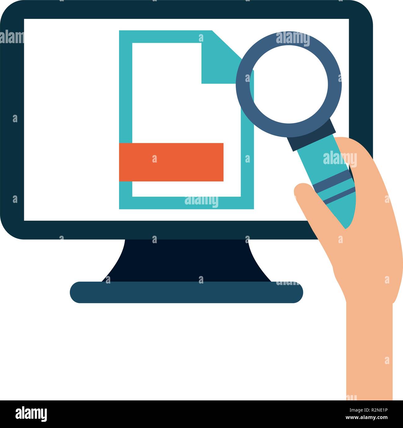 Hand with magnifying glass checking computer vector illustration ...