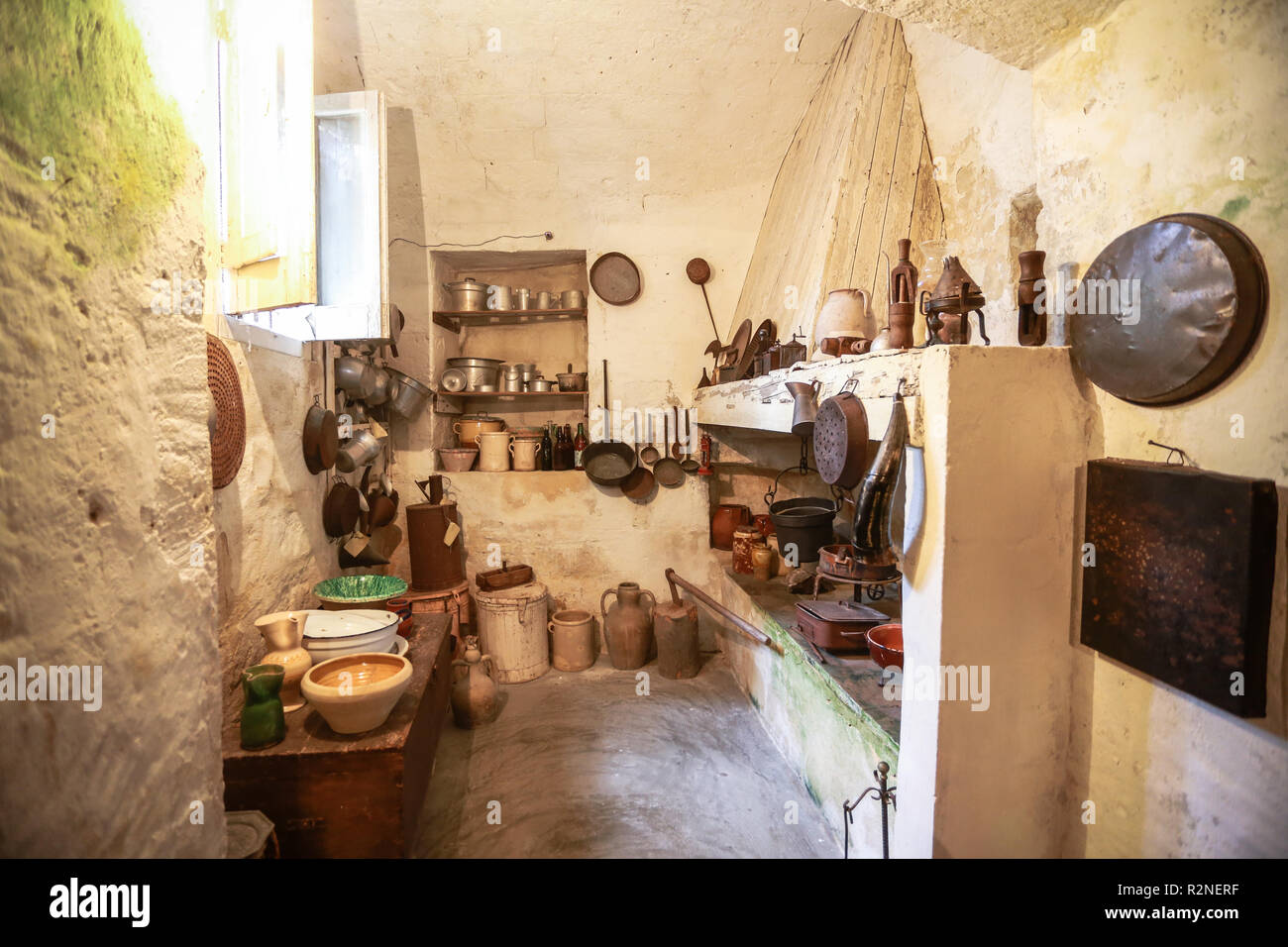 MATERA, ITALY -JULY 2016: old cavern house in Materia, reconstruction ...