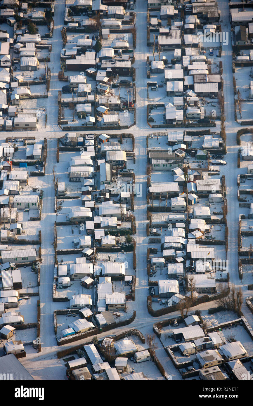 Aerial view, campsite winter camping Karthäuser Grav-Insel, Wesel ...