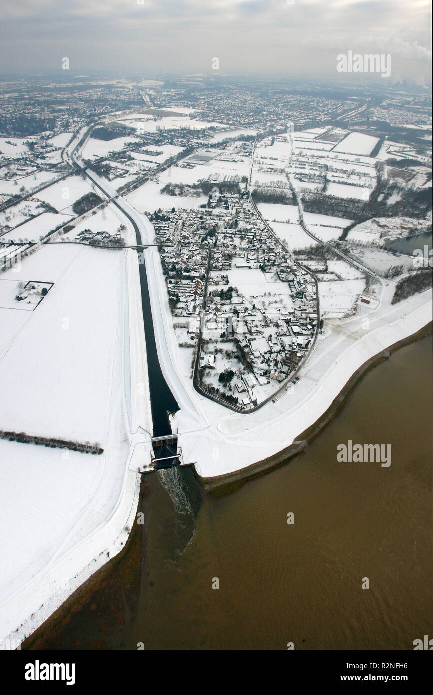 Aerial view, Emscher estuary, Rhine, flood, snow, Emscher, Emscher ...