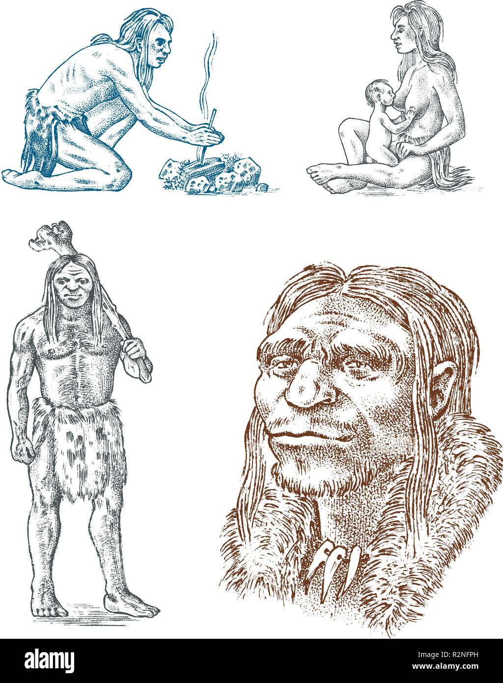 Primitive people. Prehistoric period, ancient tribe, cave barbarian man ...