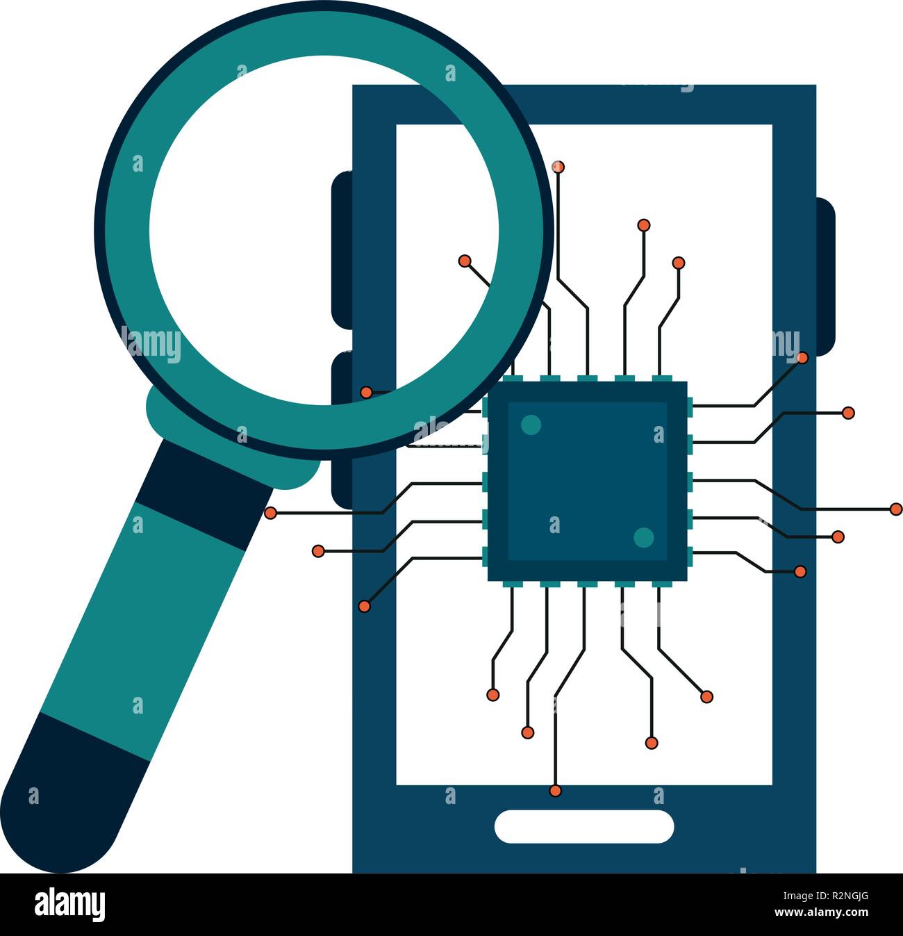 Smartphone with microchip and magnifying glass vector illustration ...