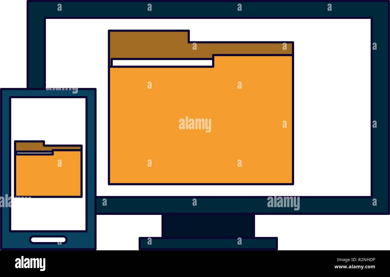Computer and smartphone with folders vector illustration graphic design ...