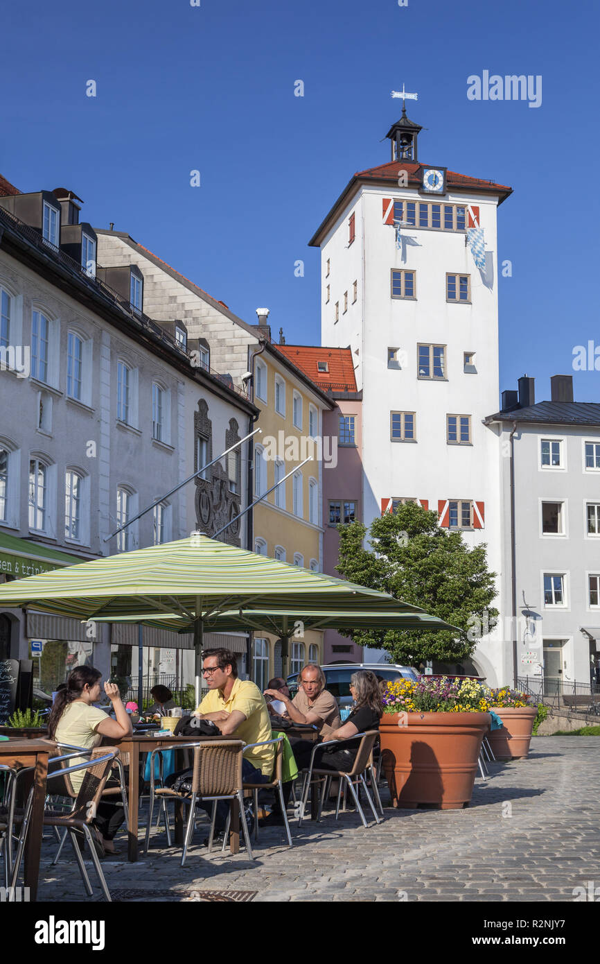 Town square of Traunstein with Jacklturm, Chiemgau, Upper Bavaria ...