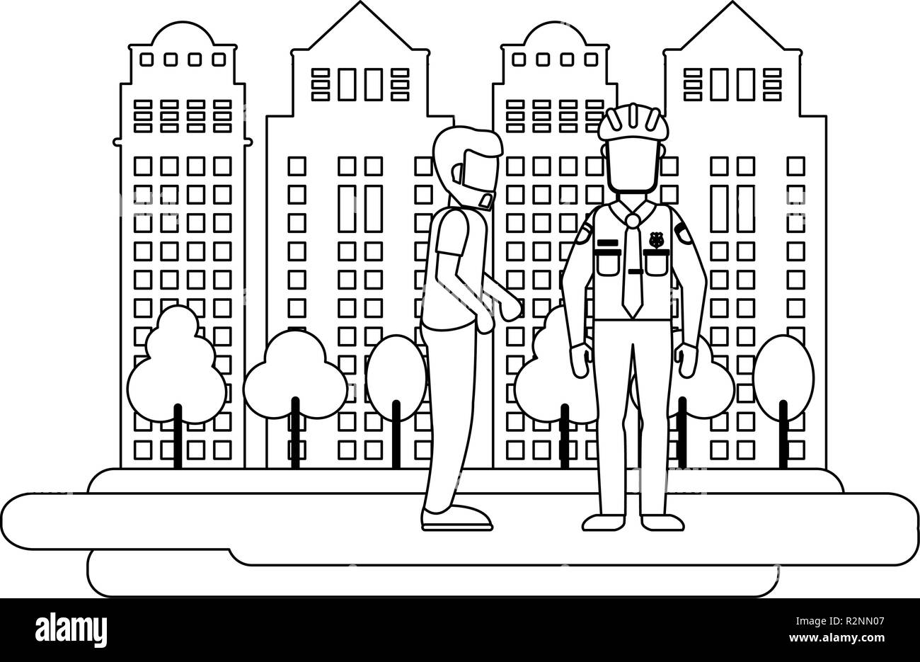 Man and police officer at city scenery vector illustration graphic ...