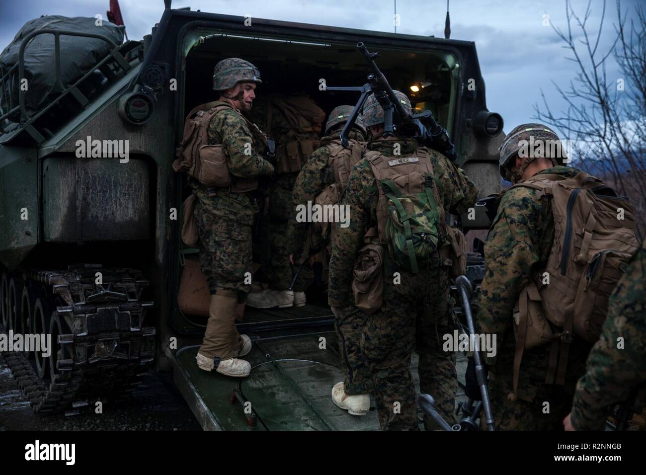 U.S. Marines with Marine Rotational Force-Europe (MRF-E) 19.1 enter an ...