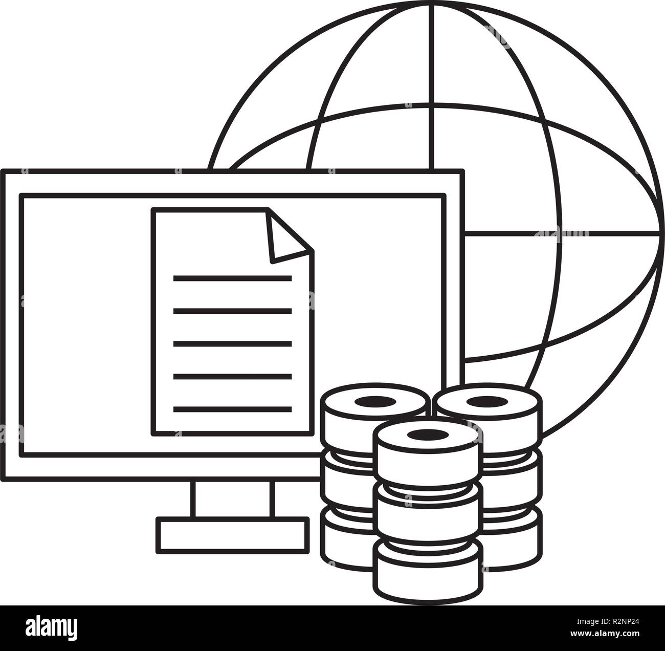 Computer with document and database black and white vector illustration ...