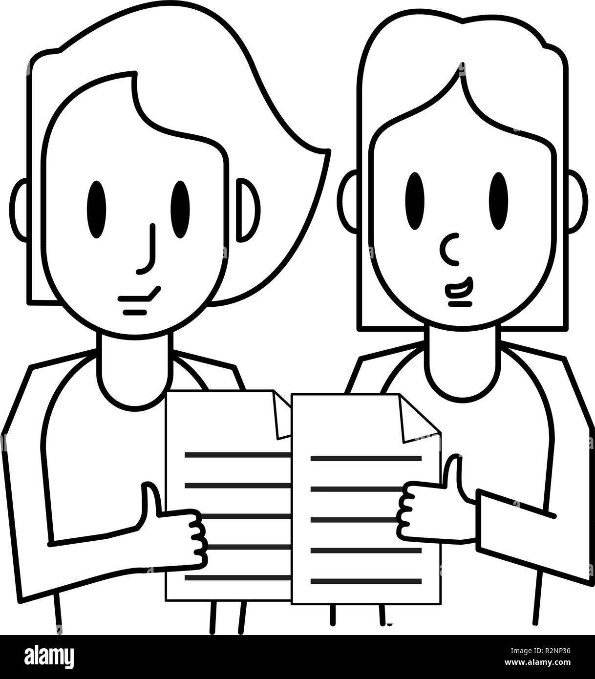 women with documents cartoon black and white vector illustration ...