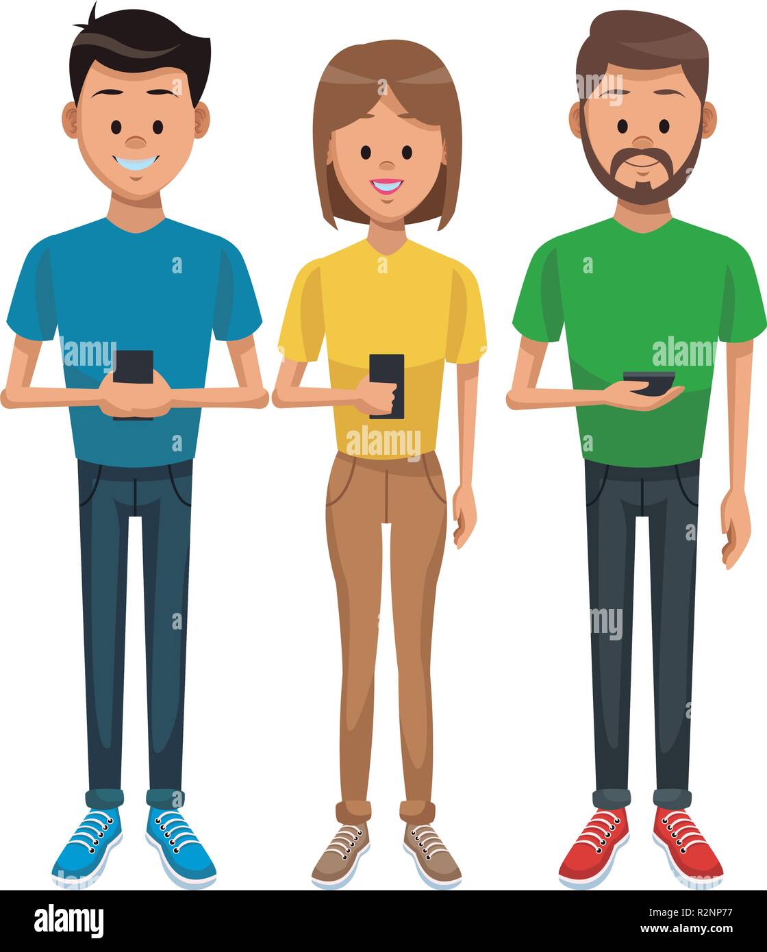 Young people with smartphones cartoons vector illustration graphic ...