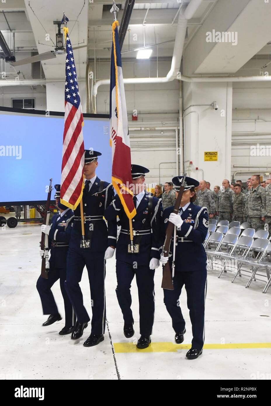 The 132d Wing Honor Guard posts the colors to start the 132d Wing’s ...