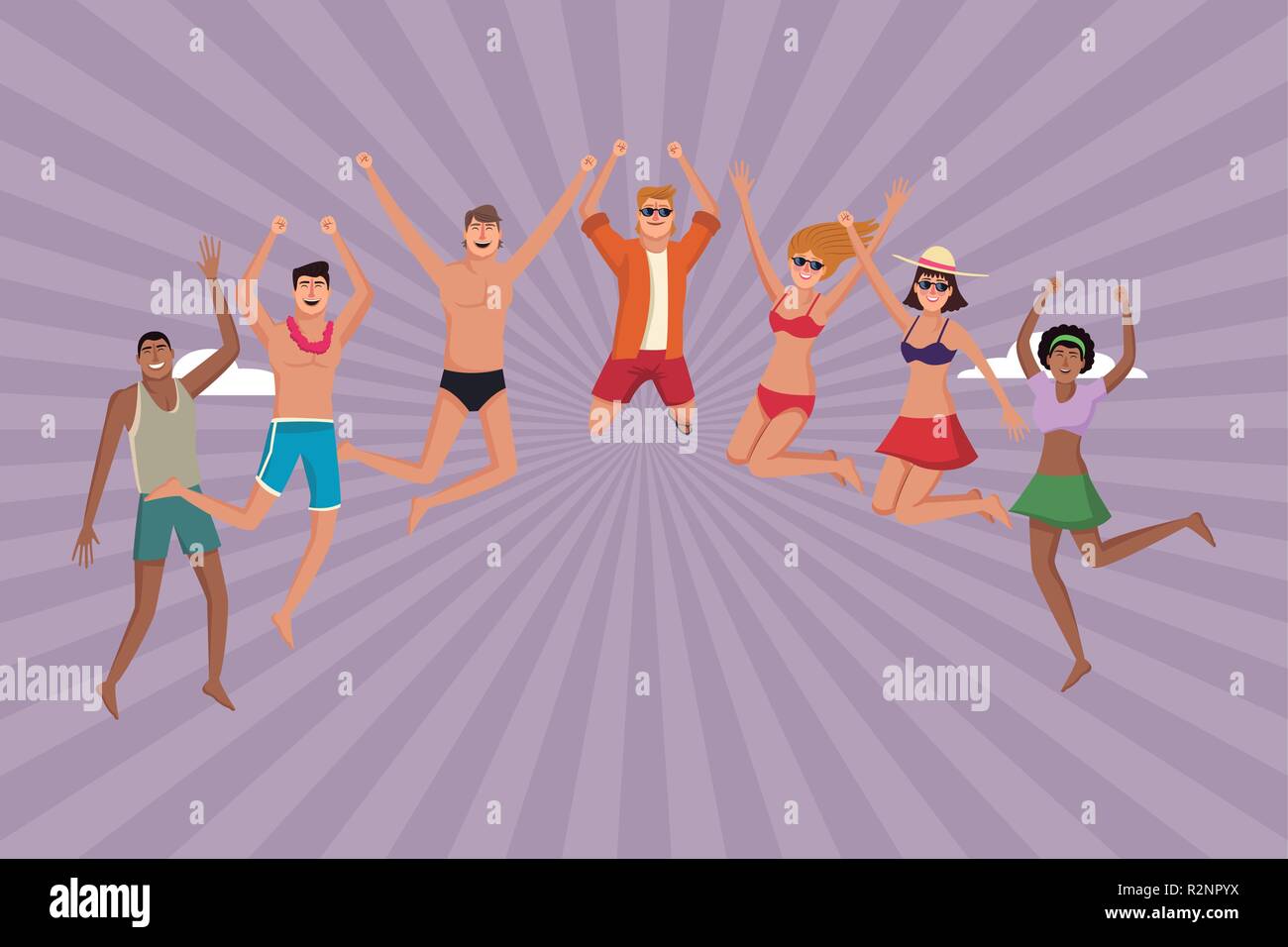 Happy friends in summer jumping cartoons over purple striped background ...