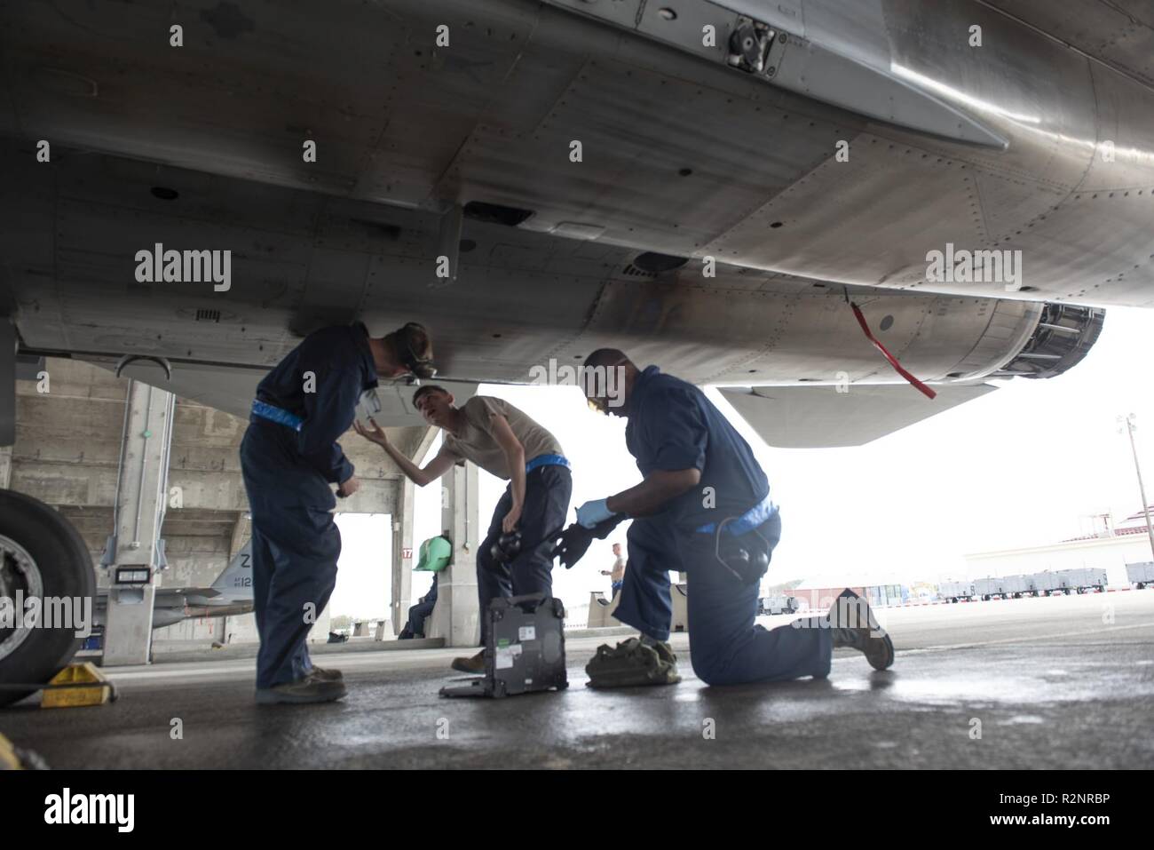 U.S. Air Force Airmen from the 44th Aircraft Maintenance Unit perform a ...