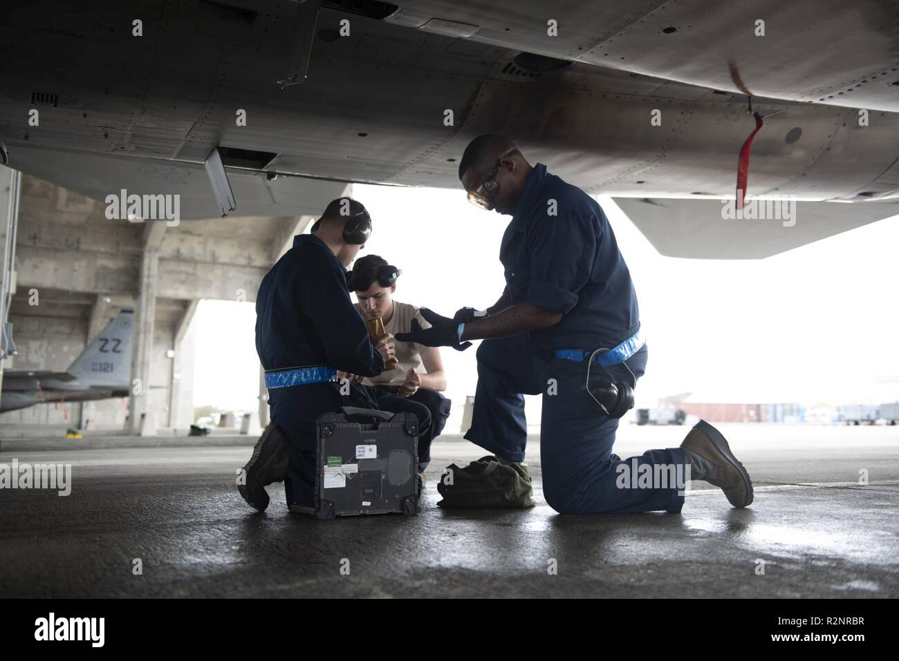 U.S. Air Force Airmen from the 44th Aircraft Maintenance Unit perform a ...