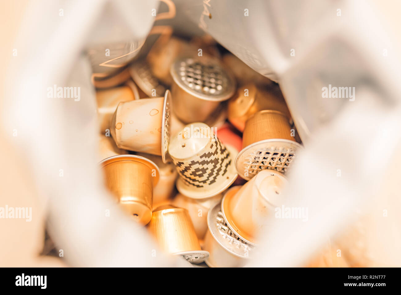 Used coffee capsules of various colors and flavors. These capsules are ...