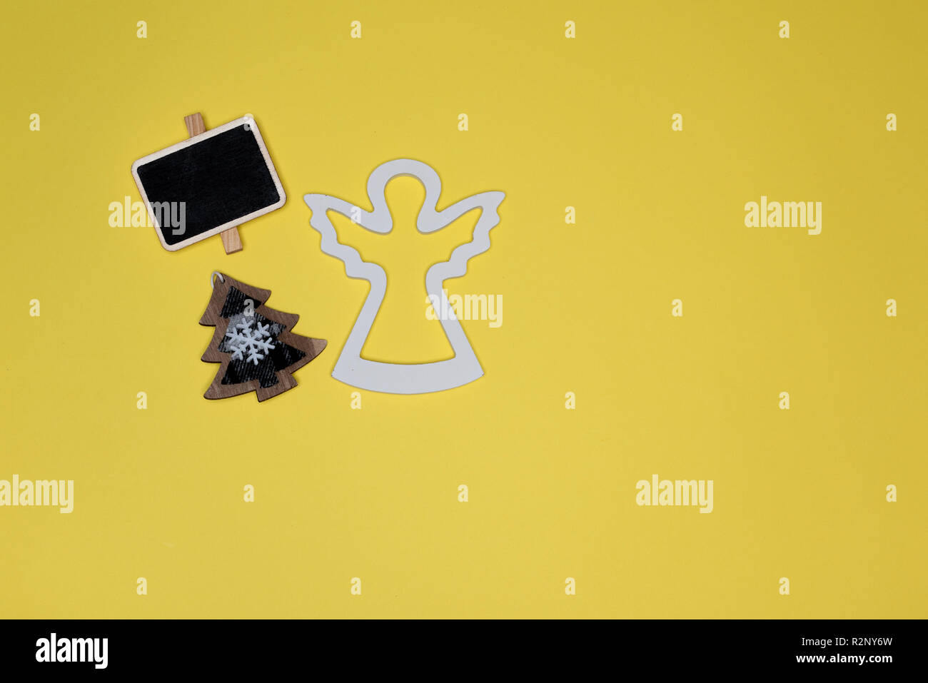 Wood angel, mini chalk board and christmas tree decorations. Seasonal ...