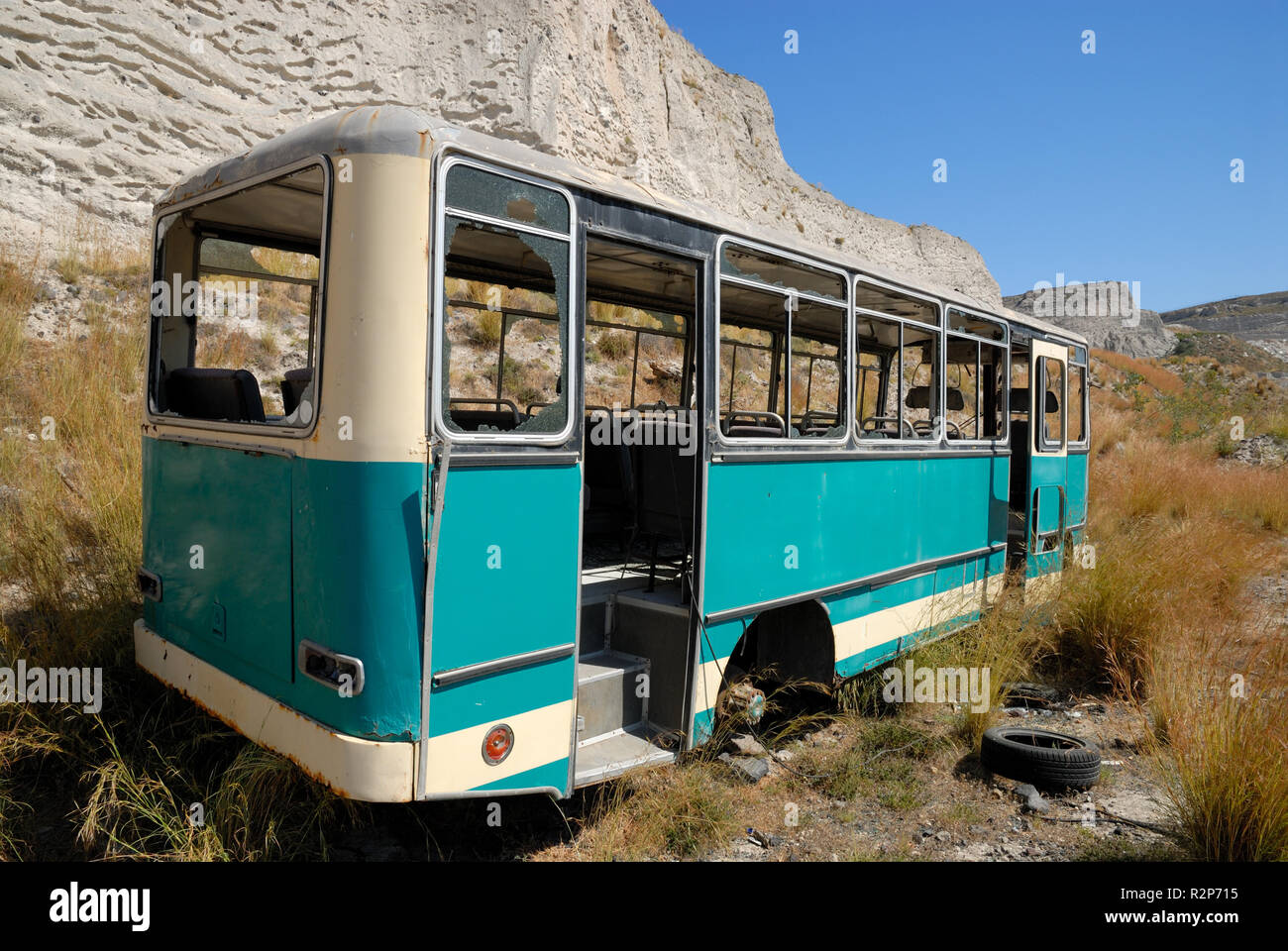 old abandoned bus in greece Stock Photo - Alamy