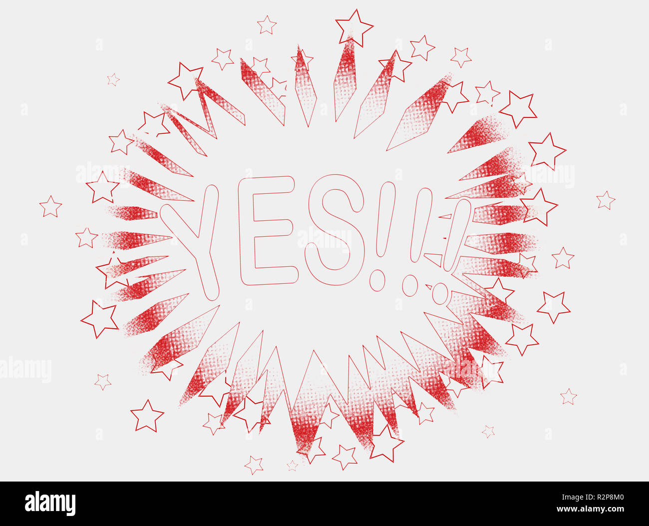 A cartoon style yes explosive motif in red over a white background ...