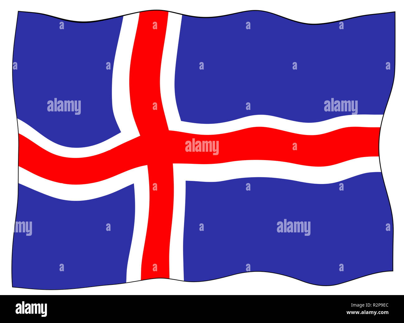 The red white and blue national flag of Iceland waving in the wind ...