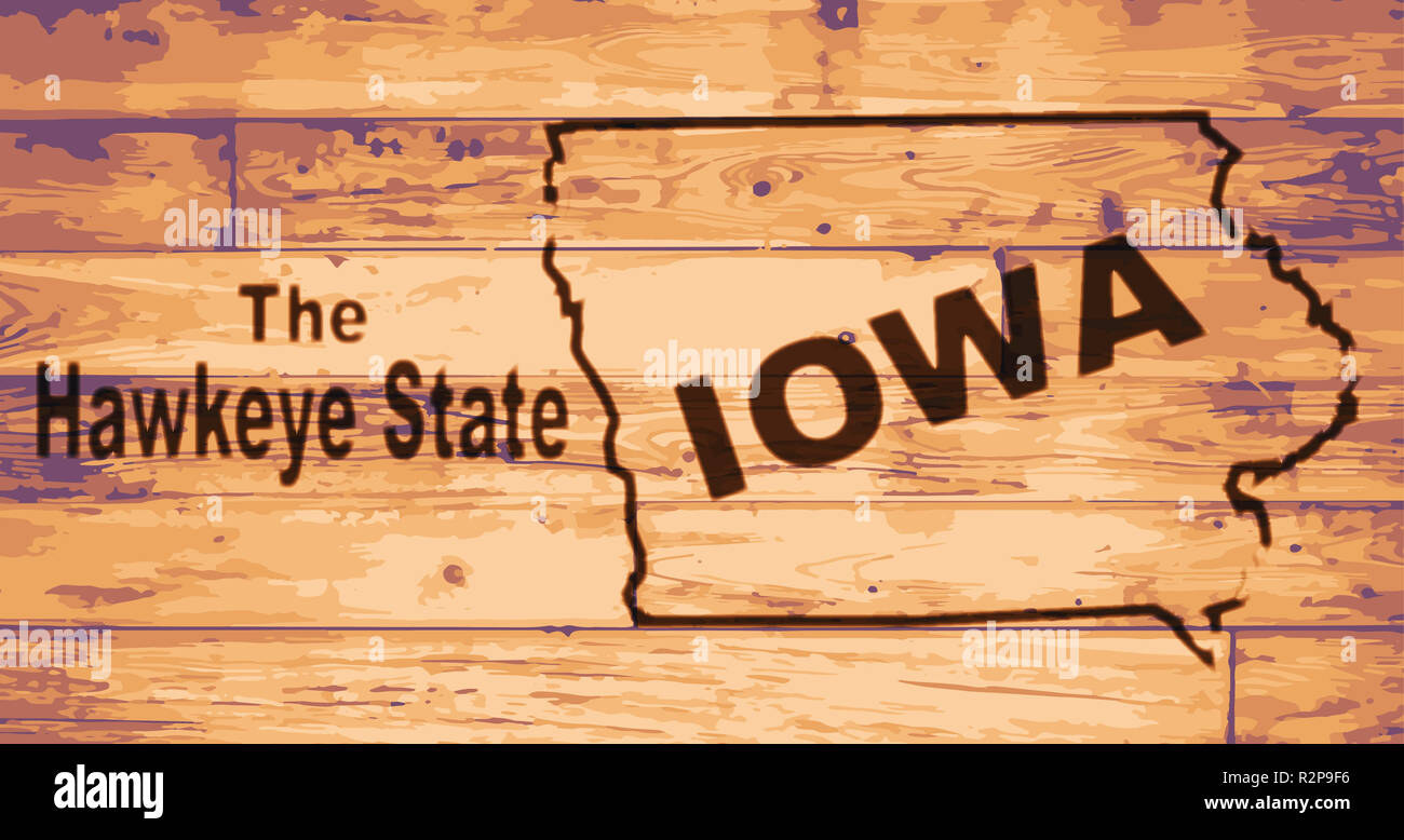Iowa state map brand on wooden boards with map outline and state moto ...