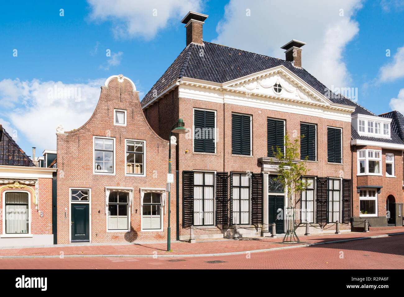 Facades of historic houses in old town of Dokkum, Friesland ...