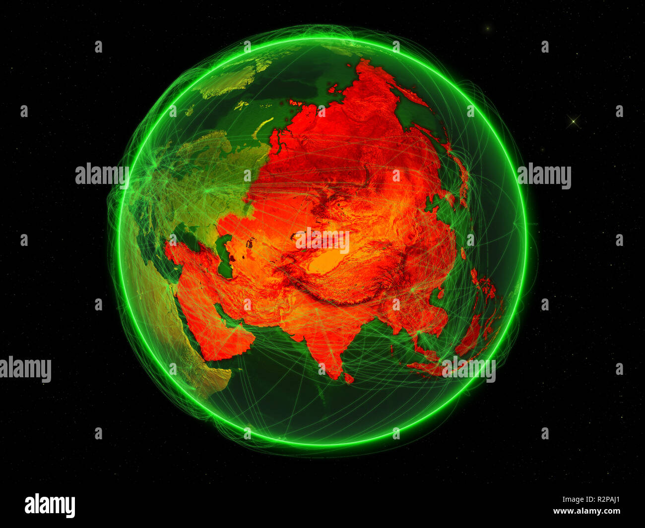 Asia on green Earth with networks. May be representing air traffic ...