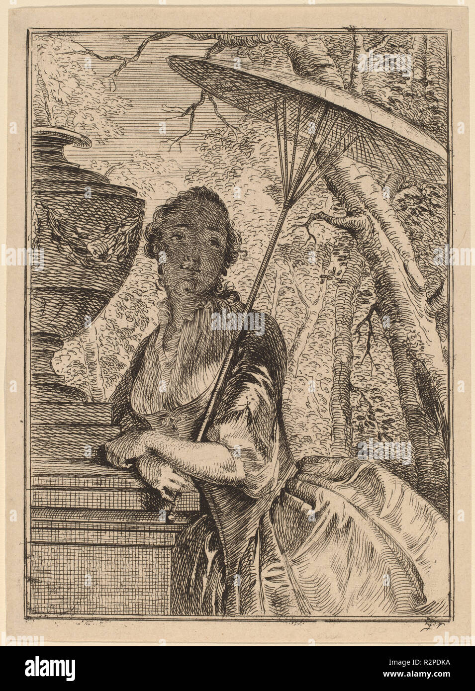Young Woman Holding a Parasol. Dimensions: sheet (trimmed to plate mark ...