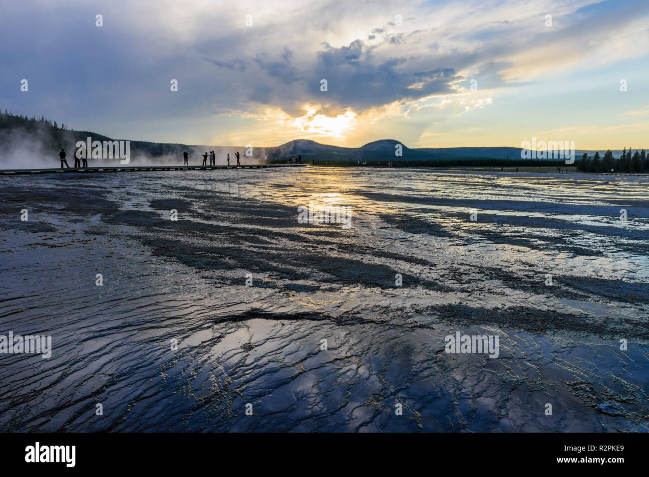 Sunset at Grand Prismatic Spring of Yellowstone National Park Stock ...