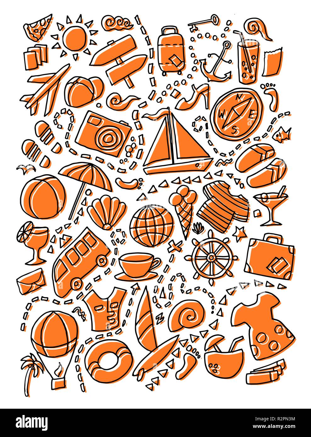 Colored doodle cartoon set of travel planning theme items, objects and ...