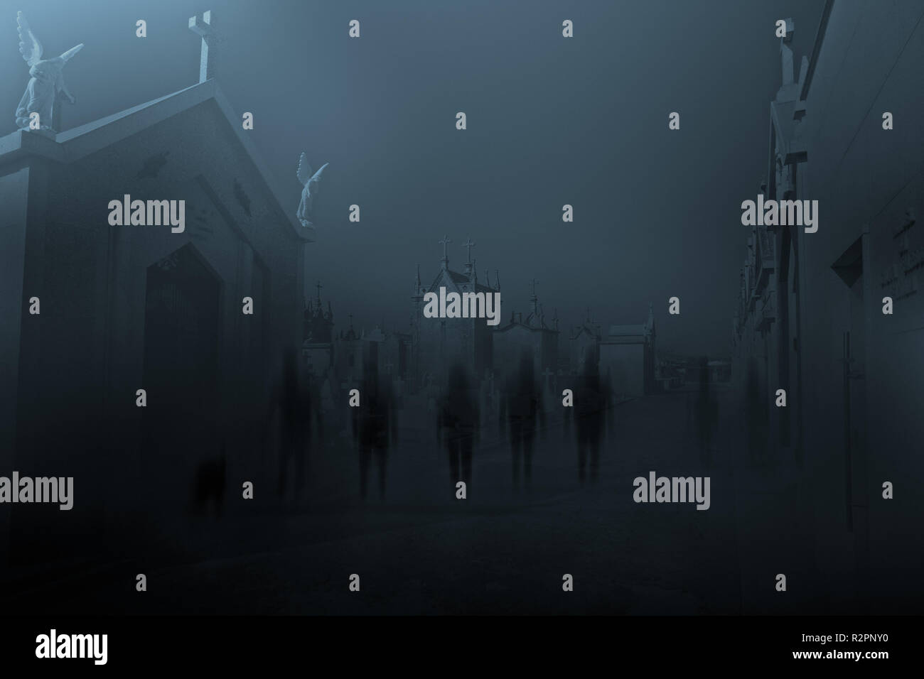 Diffuse entities walking on a street from an old European cemetery in ...