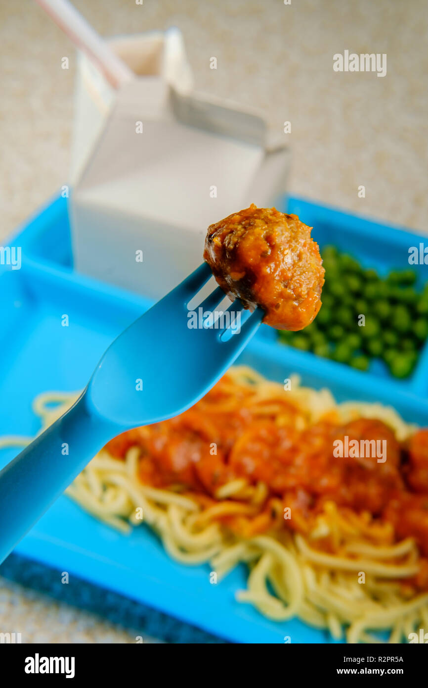 Grade school lunch tray of Italian spaghetti and meatballs with green ...