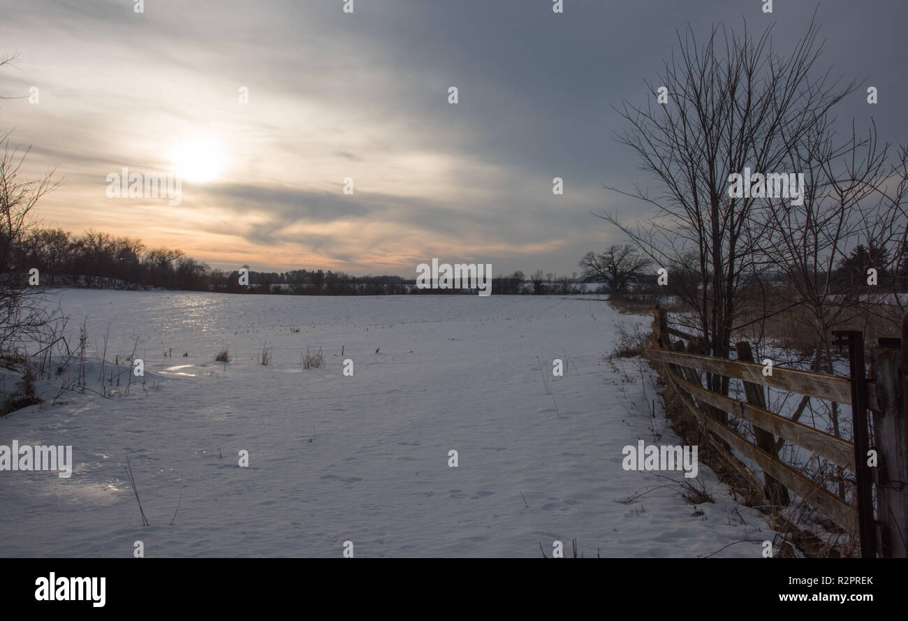 Icy field with leafless trees and rustic fence under a sunset sky in ...