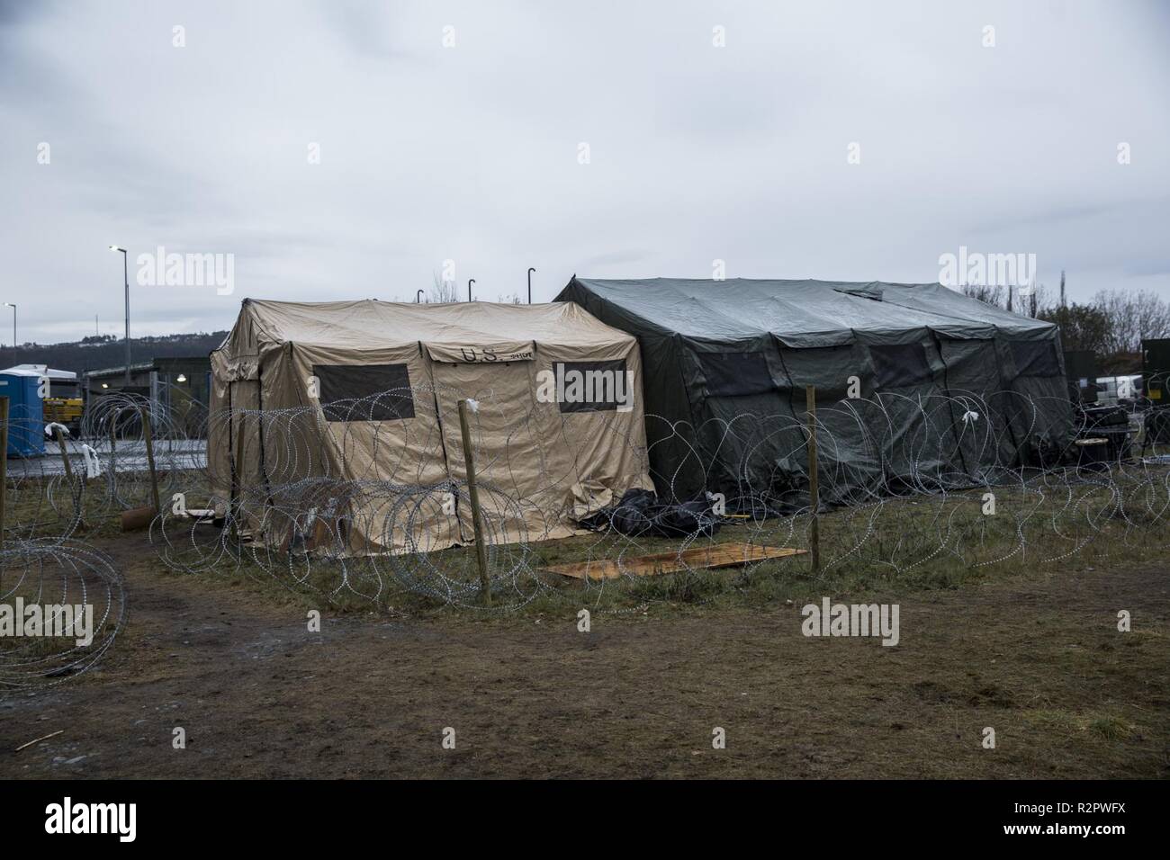 U.S. Marines with 2nd Marine Aircraft Wing set up their command tents ...