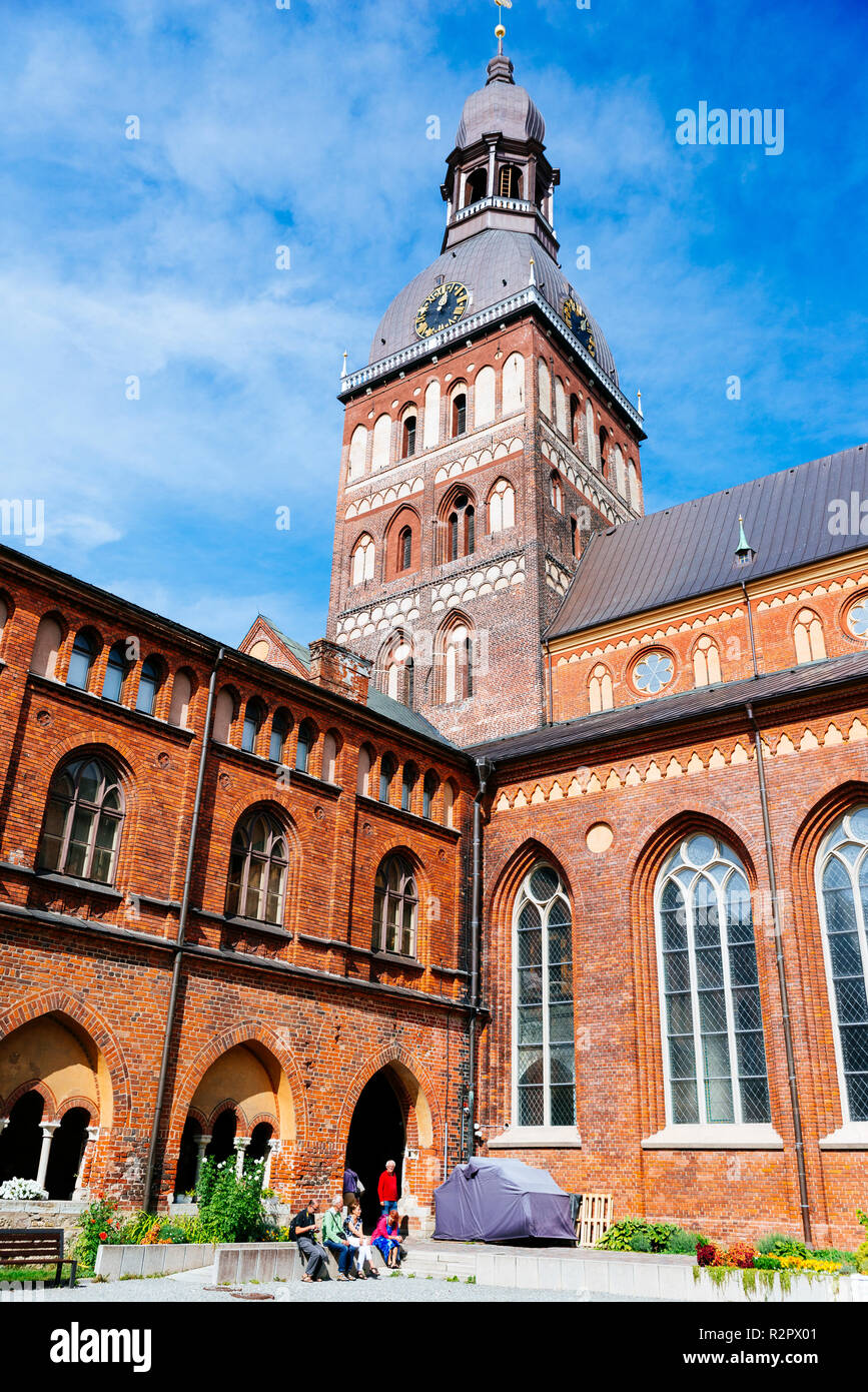 Bell tower seen from the cloister of Riga Cathedral. Riga Cathedral is ...