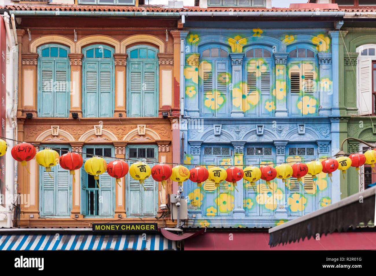 Singapore, Chinatown, colourfully painted colonial-style house facade ...