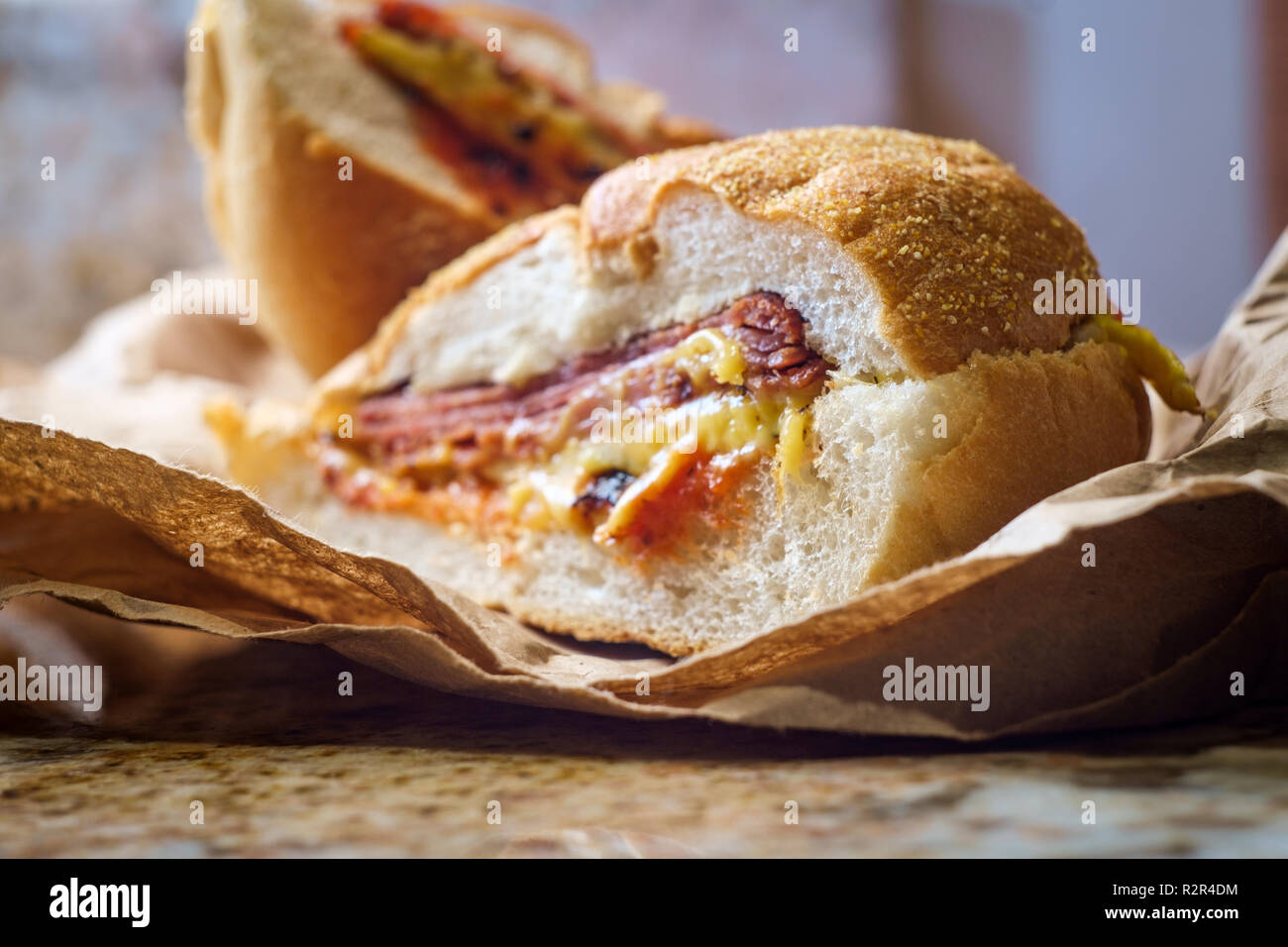 Taylor ham, pork roll, egg and cheese breakfast sandwich on a kaiser ...