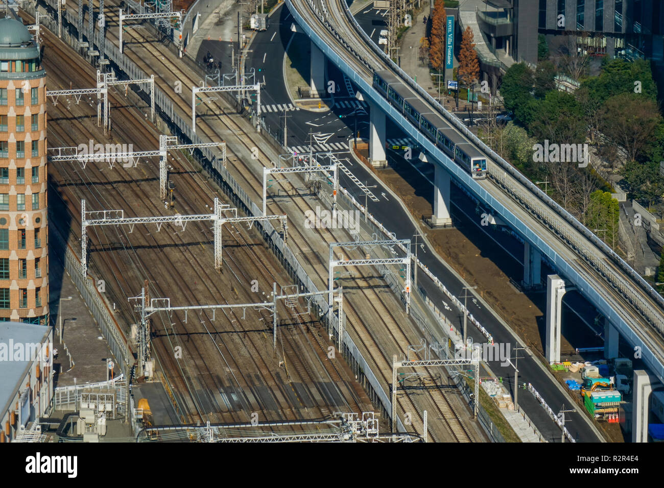 Tokyo, Japan - Jan 4, 2016. Aerial view of rail tracks in Tokyo, Japan ...