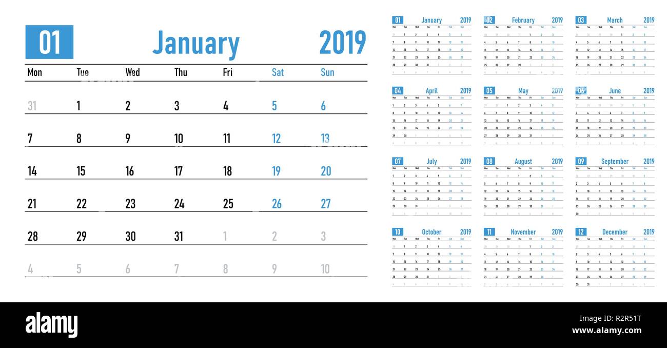 Calendar planner 2019 template vector illustration all 12 months week ...