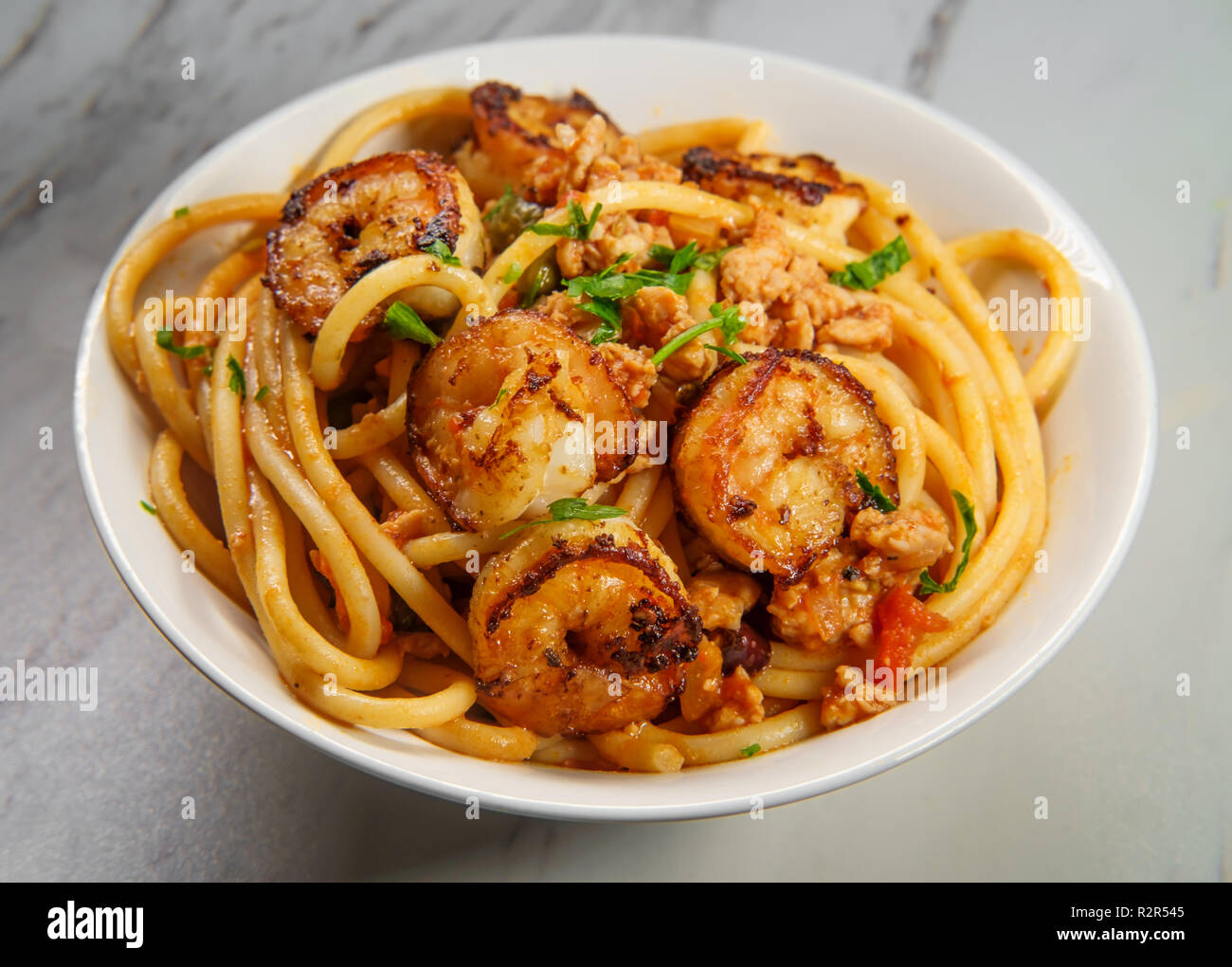 Bucatini Italian ragu alla Bolognese sauce with shrimp and sausage ...