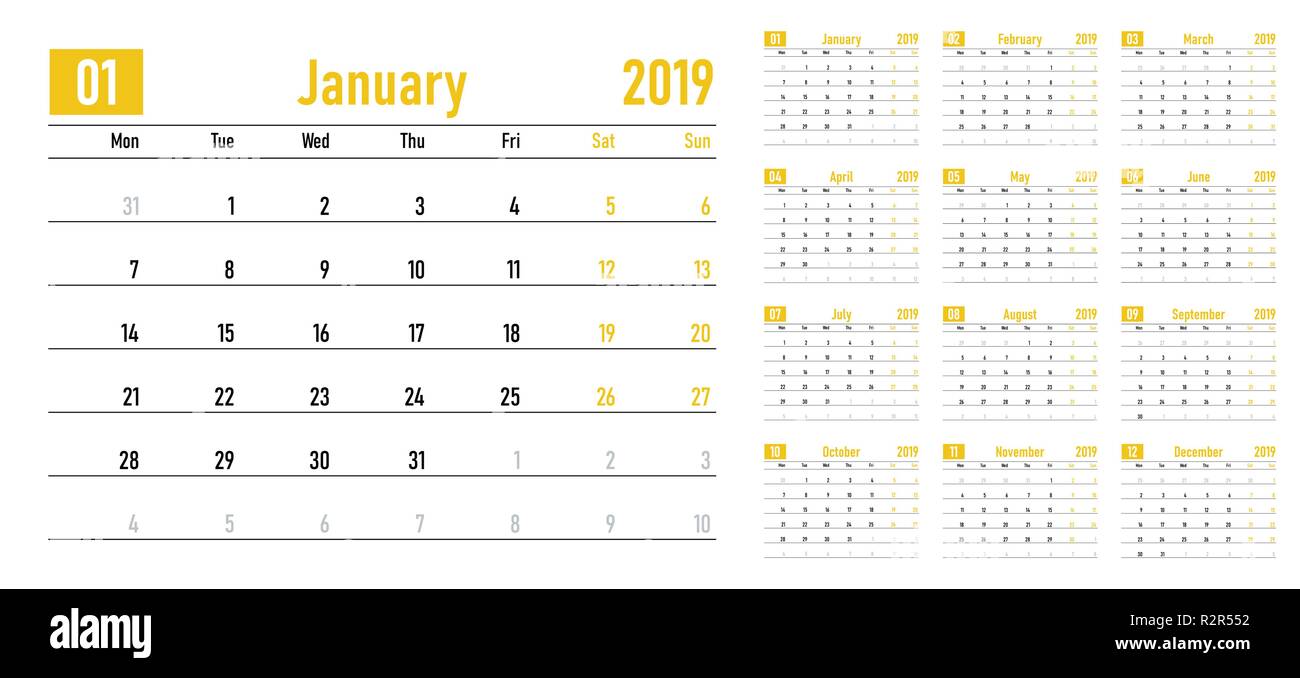 Calendar planner 2019 template vector illustration all 12 months week ...