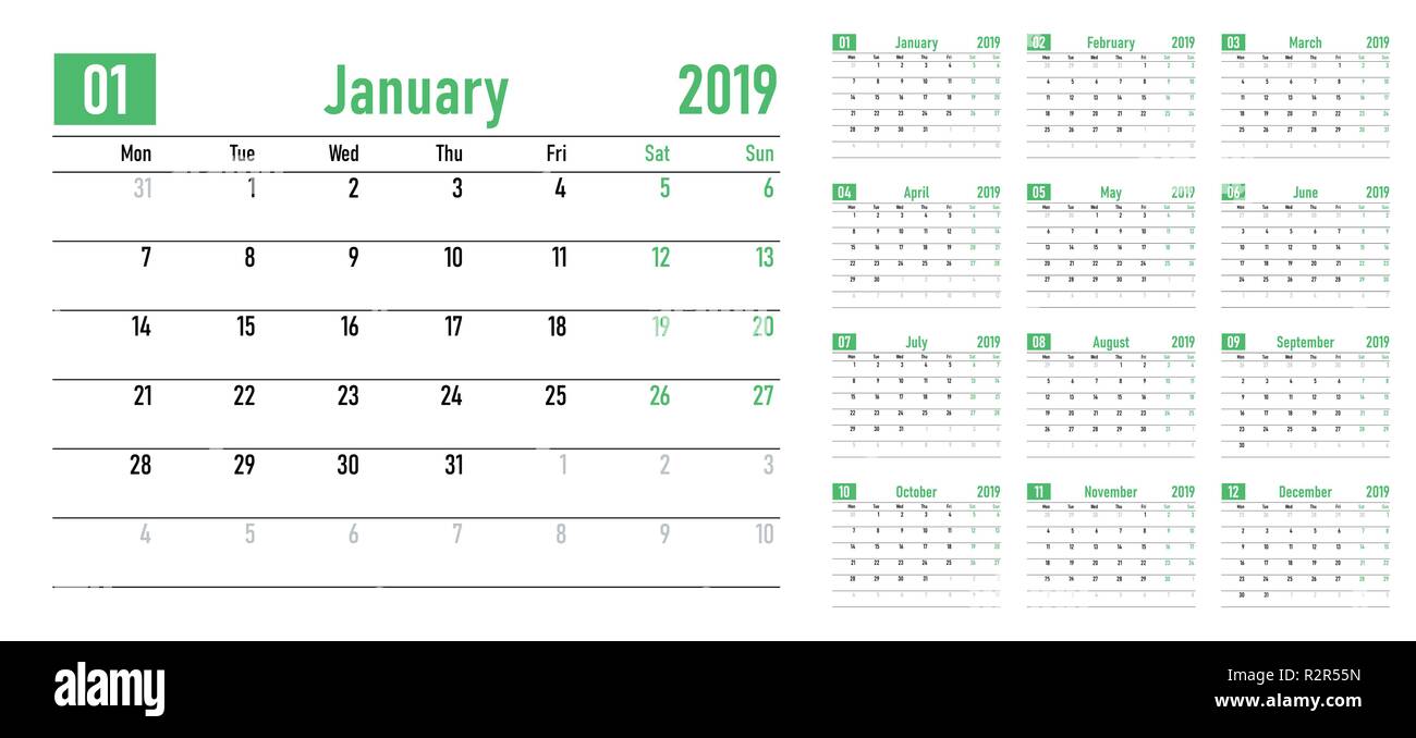 Calendar planner 2019 template vector illustration all 12 months week ...