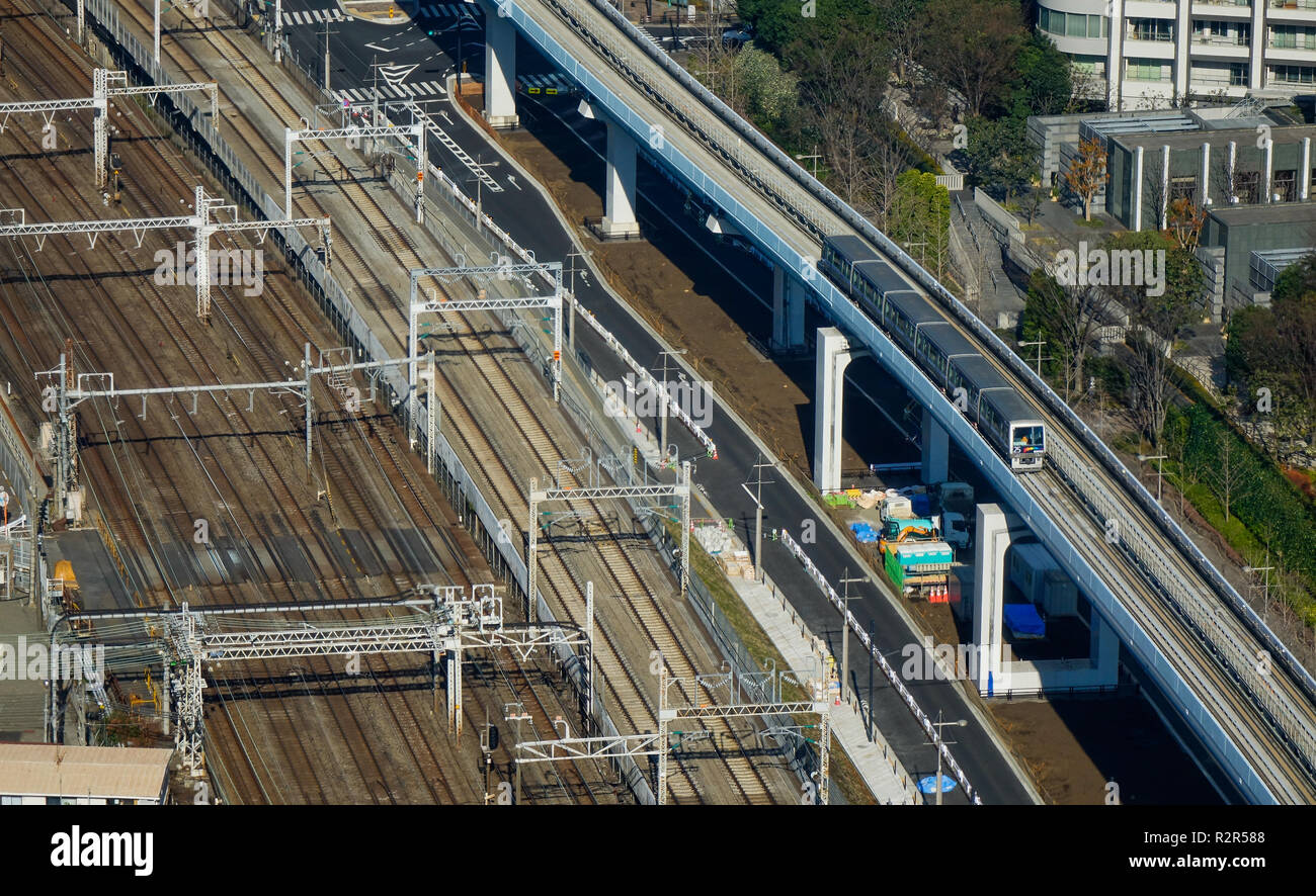 Tokyo, Japan - Jan 4, 2016. Aerial view of rail tracks in Tokyo, Japan ...
