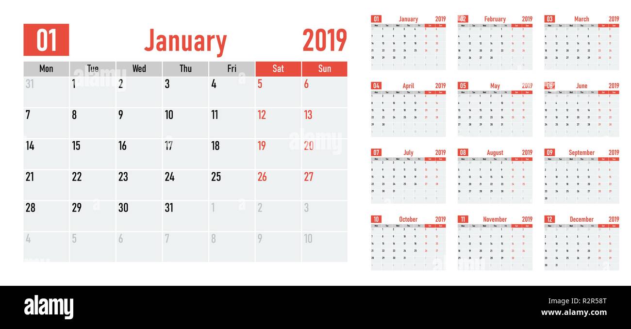 Calendar planner 2019 template vector illustration all 12 months week ...