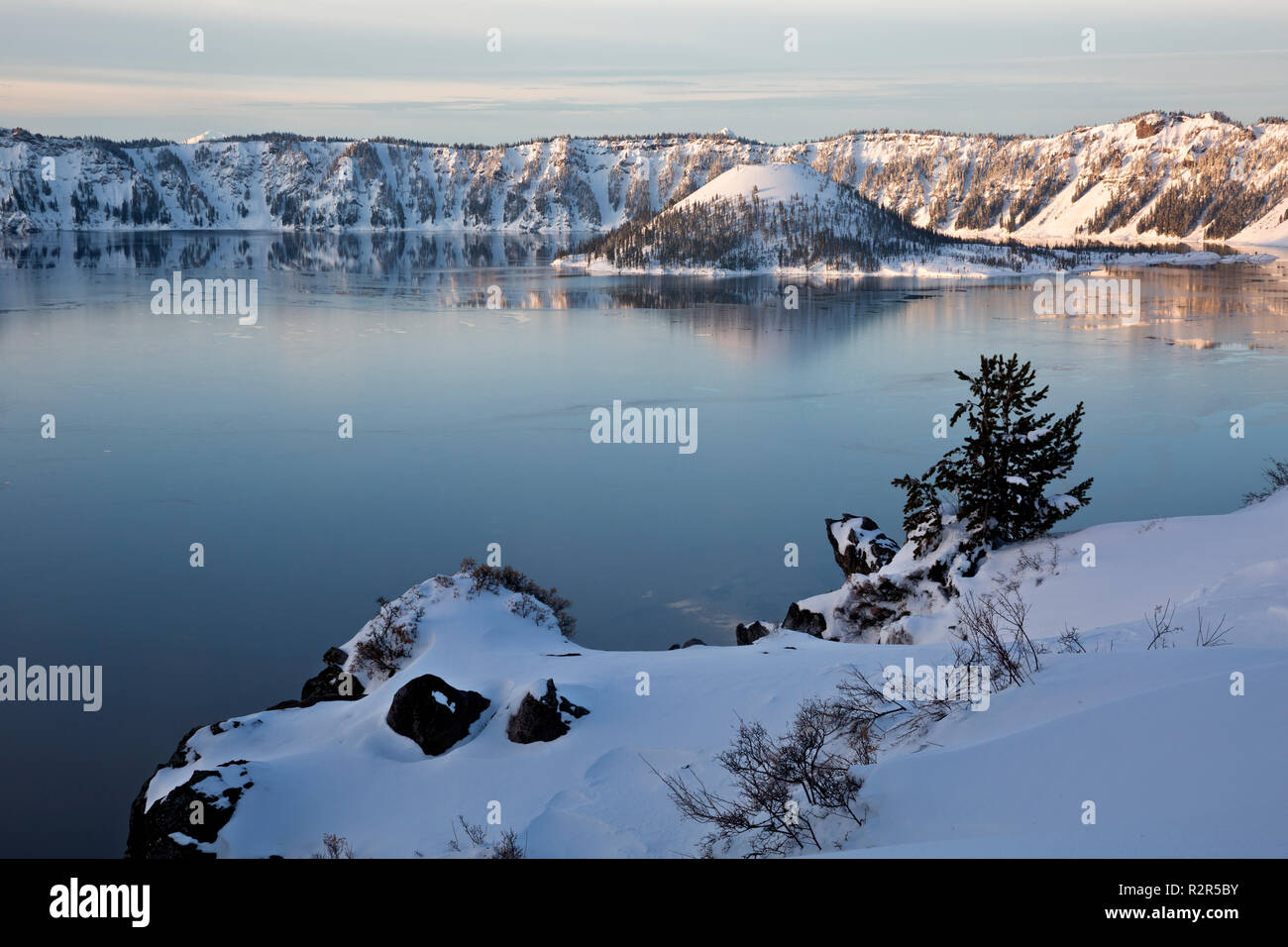 .OREGON - A cold sunrise from the Pumice Point over an ice skimmed lake ...