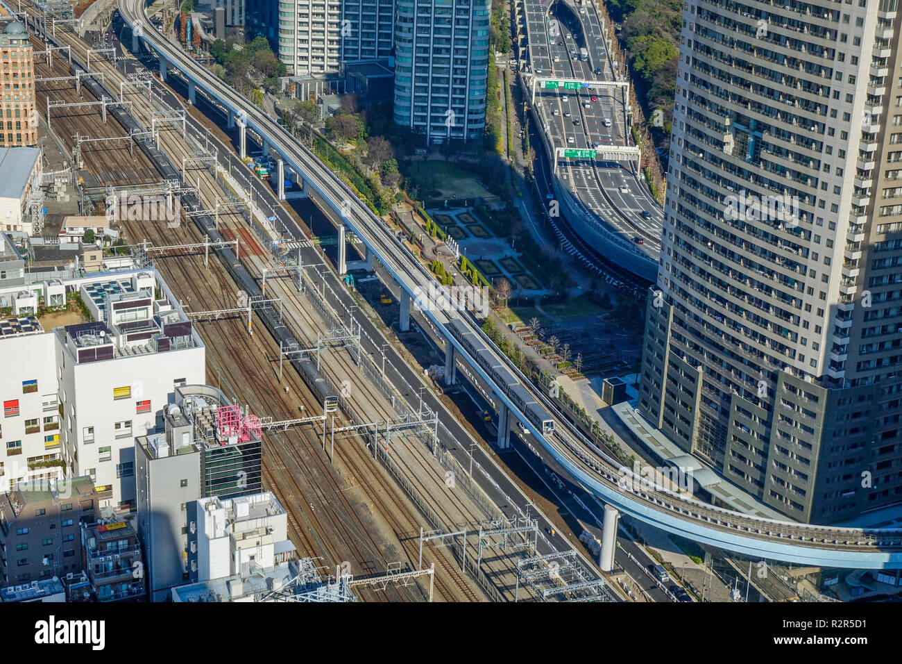Tokyo, Japan - Jan 4, 2016. Aerial view of rail tracks in Tokyo, Japan ...