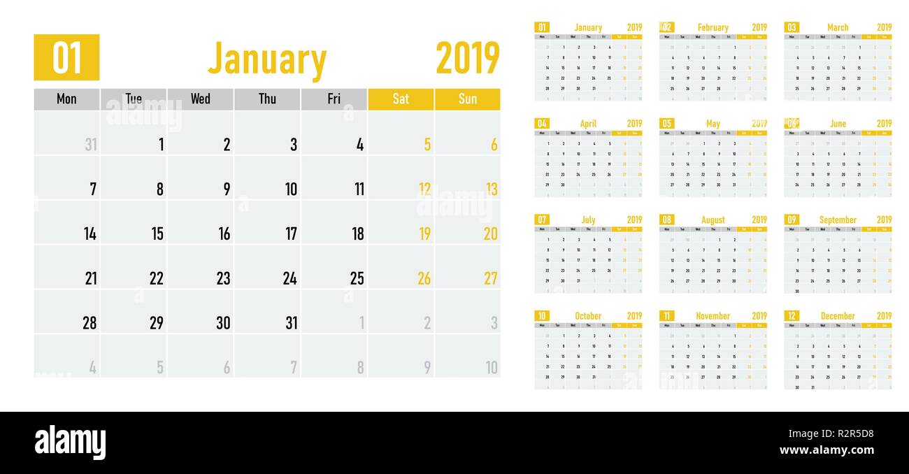 Calendar planner 2019 template vector illustration all 12 months week ...