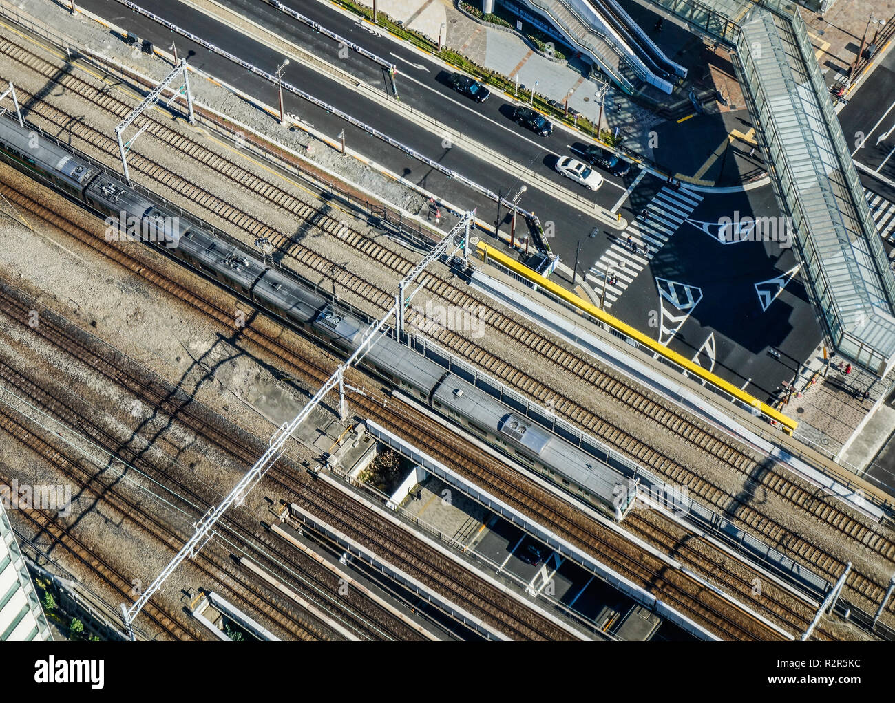 Tokyo, Japan - Jan 4, 2016. Aerial view of rail tracks in Tokyo, Japan ...