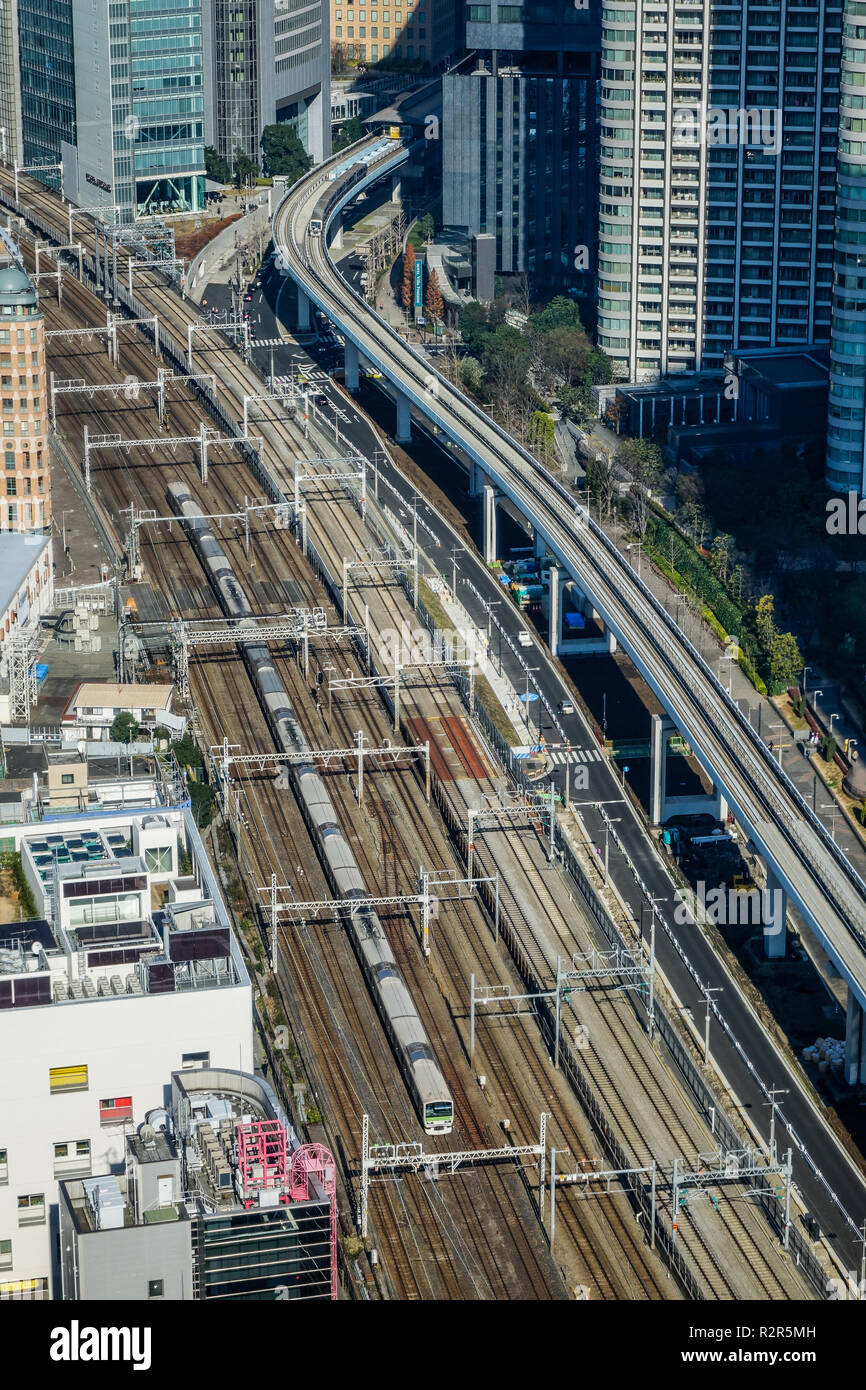 Tokyo, Japan - Jan 4, 2016. Aerial view of rail tracks in Tokyo, Japan ...