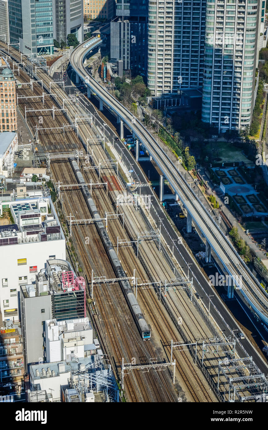 Tokyo, Japan - Jan 4, 2016. Aerial view of rail tracks in Tokyo, Japan ...