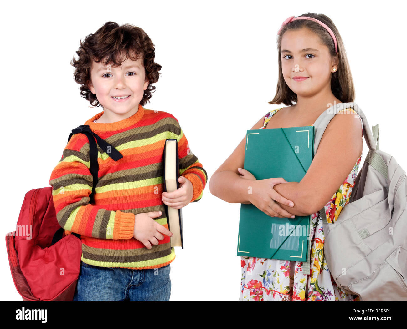 Two children students returning to school on a white background Stock ...